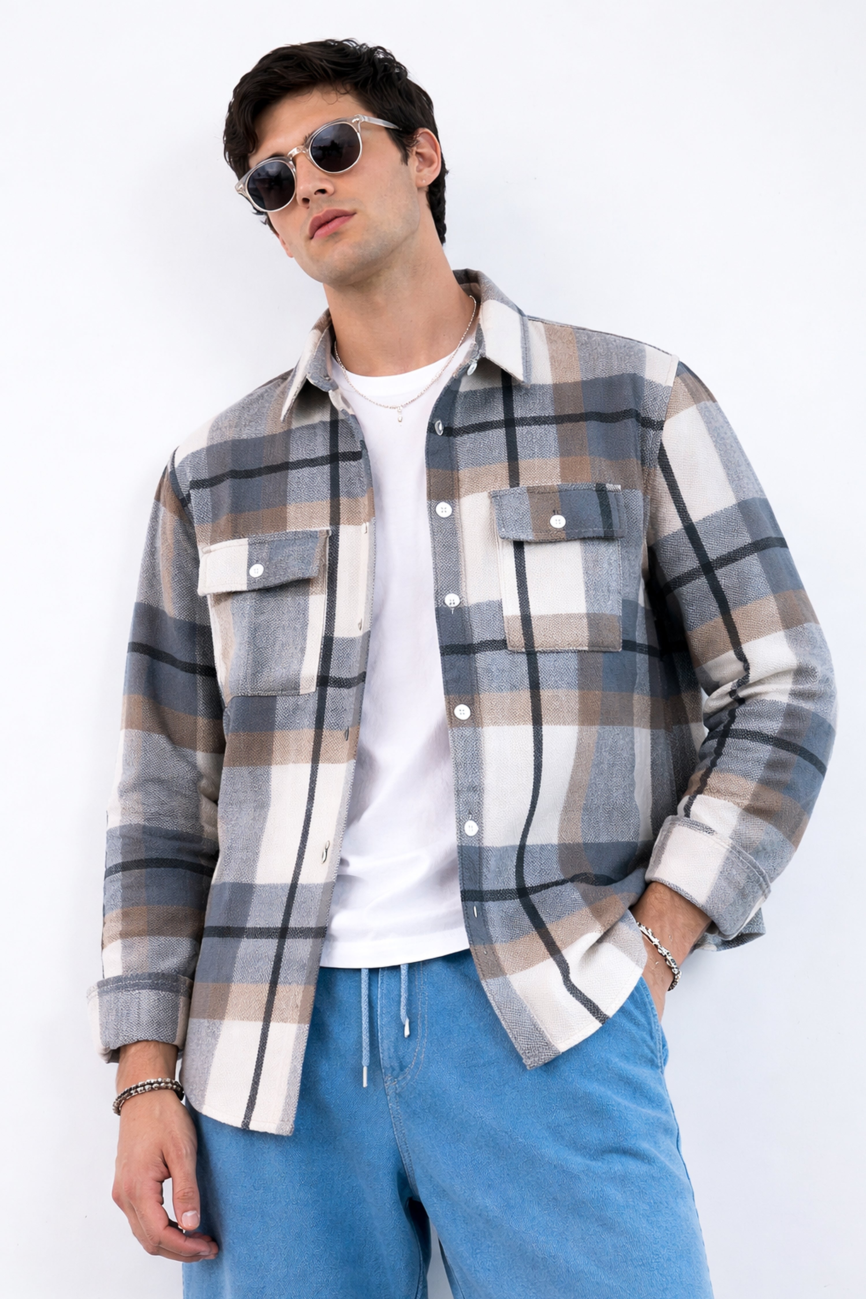 Men’s Grey Plaid Checked Shacket Shirt – DYAMIC
